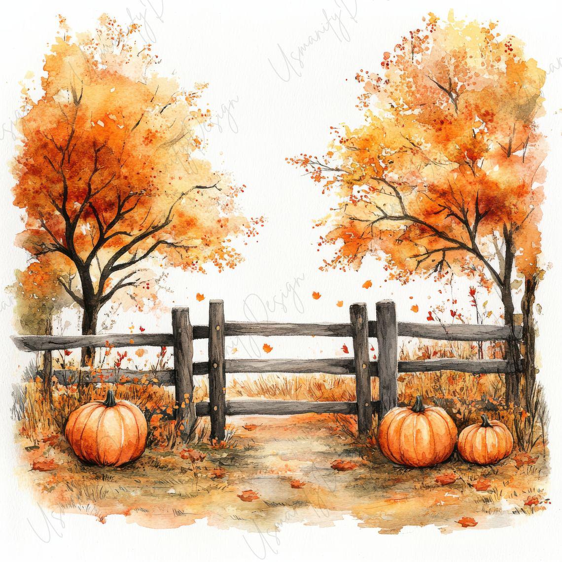 22 Watercolor Autumn Fence Clipart, Fall Pumpkin Fence JPG Art, Rustic ...