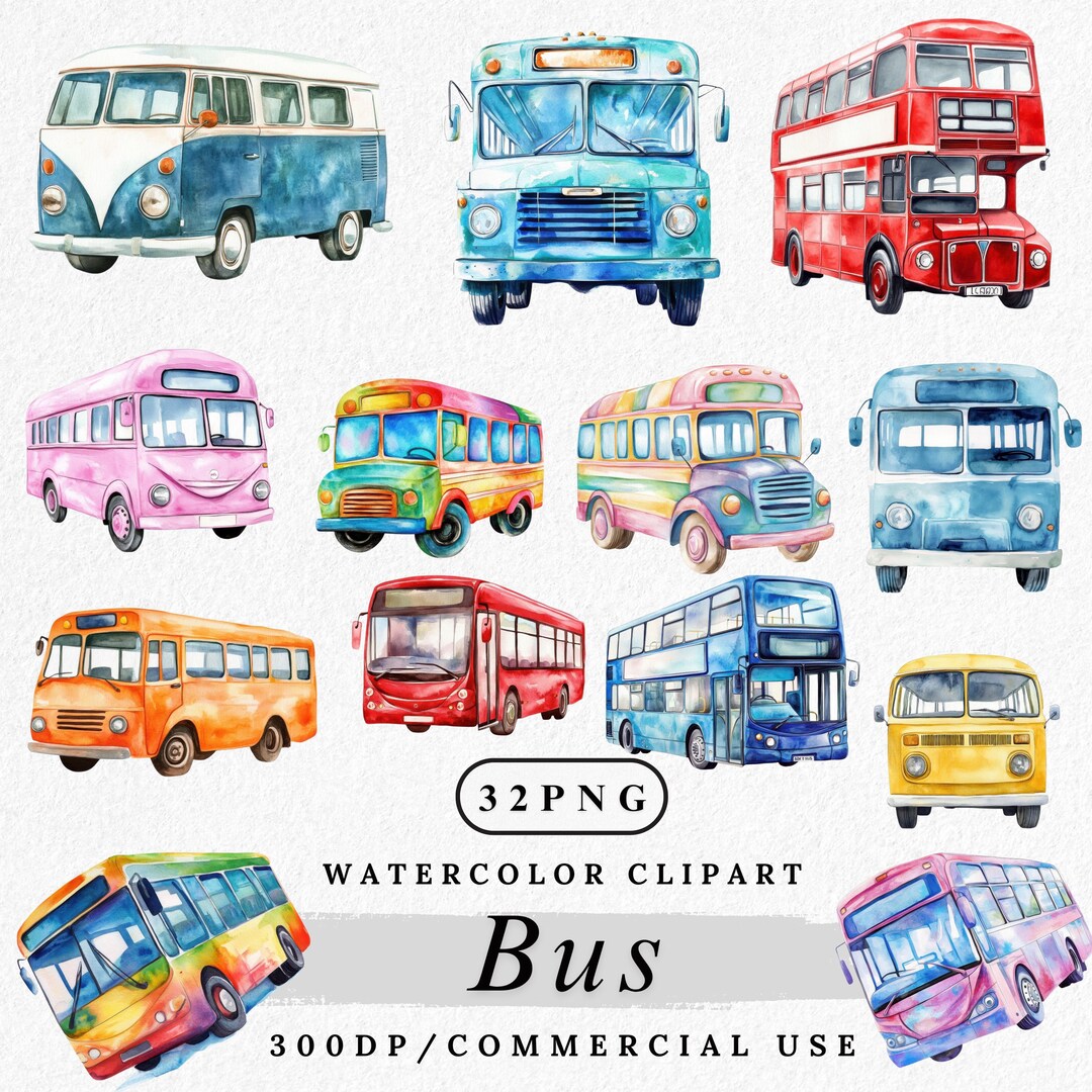 Bus Clipart, Watercolor Bus PNG, School Bus Clip Art, Transportation ...