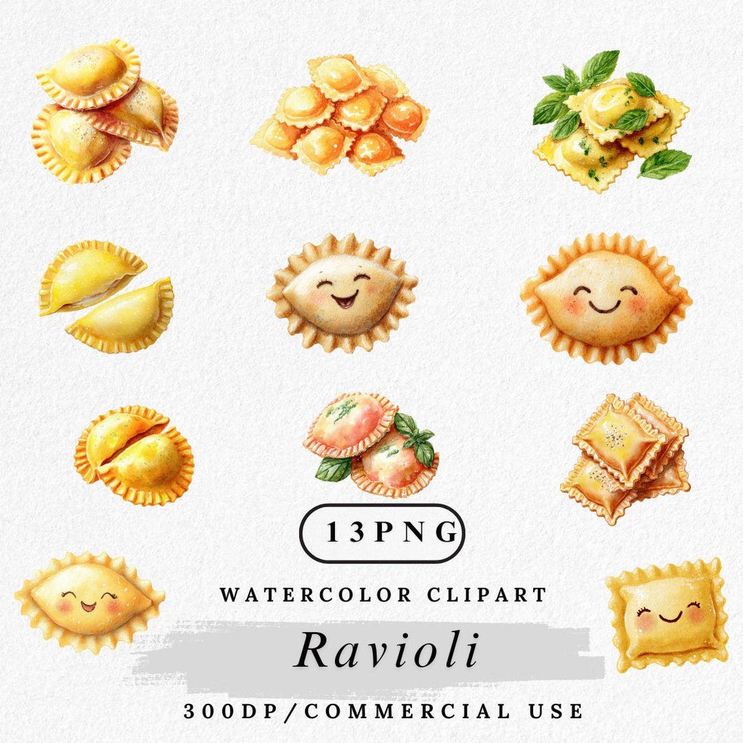 Ravioli Clipart, Watercolor Pasta PNG Bundle, Cute Italian Food Clipart ...