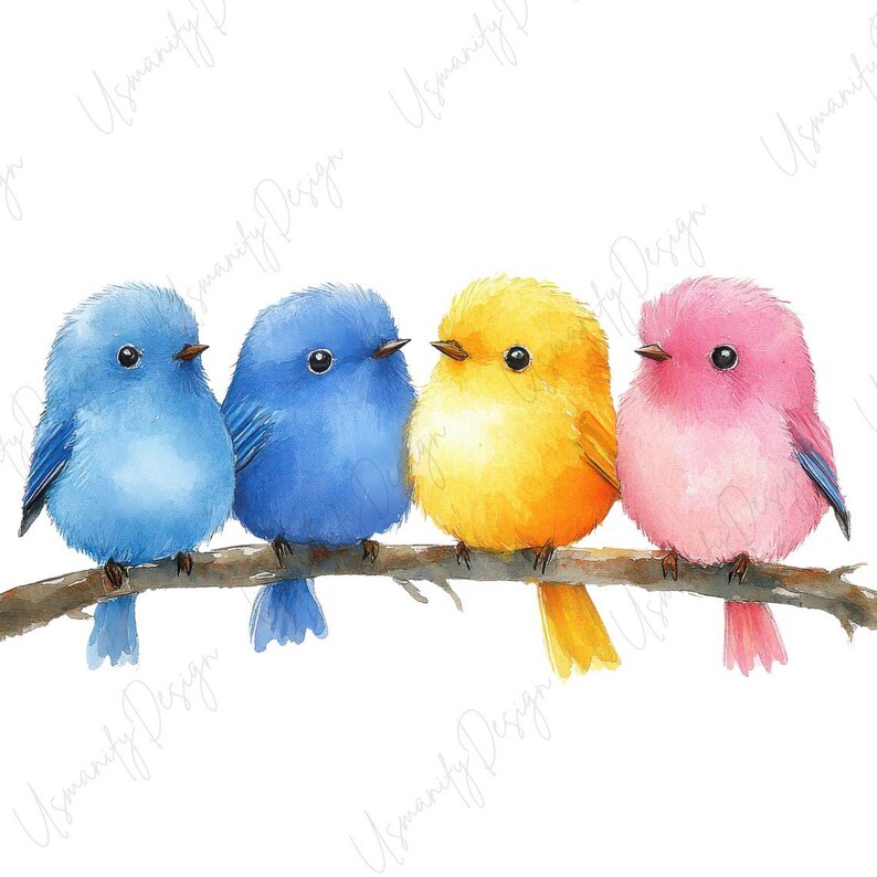 17 Watercolor Birds Clipart PNG, Pastel Birds Branch, Cute Nursery Bird ...