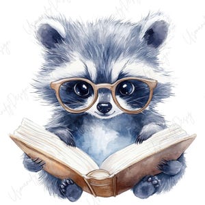19 Watercolor Reading Raccoon Art, Book Lover Raccoon Clipart Set, Cozy ...