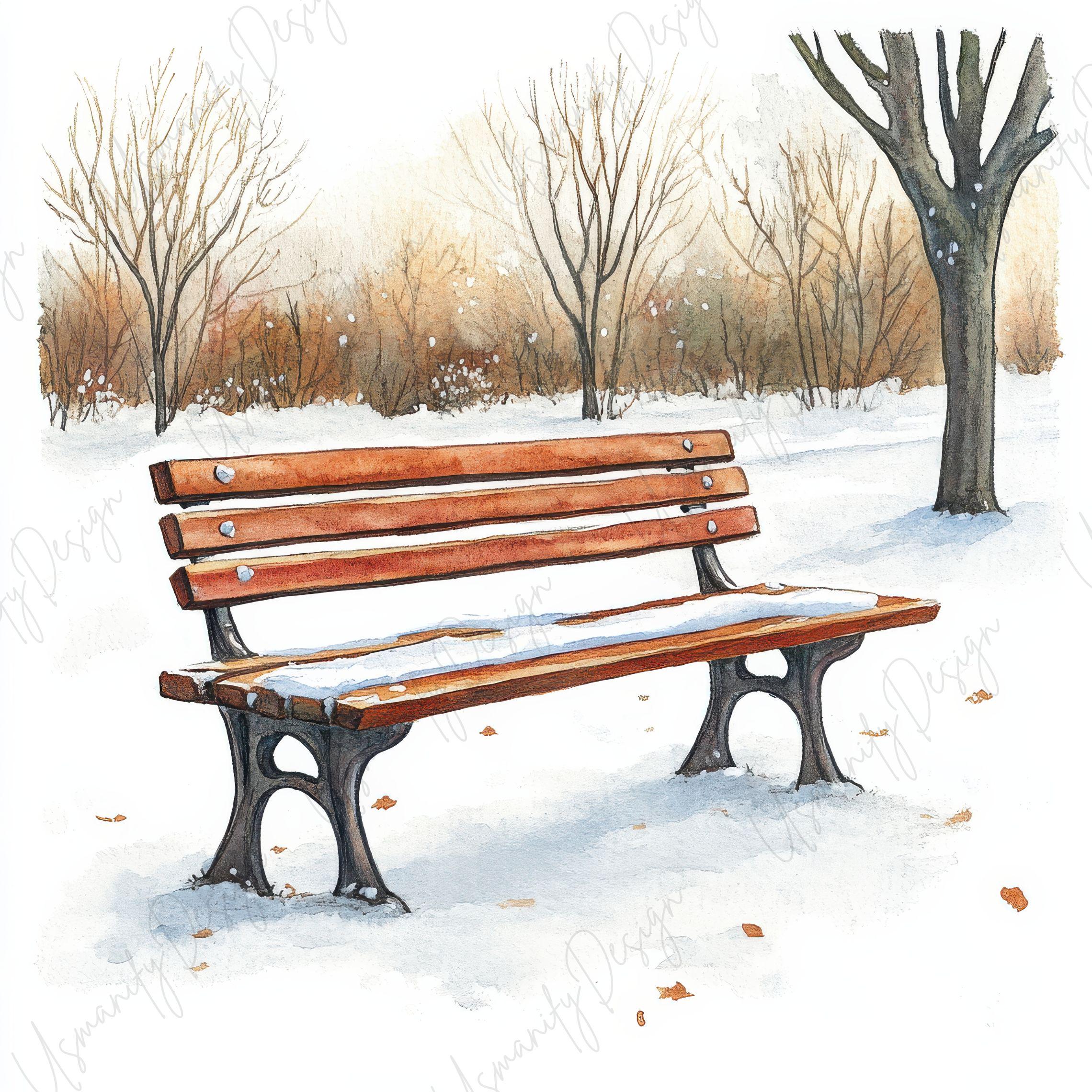 25 Winter Park Bench Clipart, Snowy Landscape Watercolor Art, Cozy ...