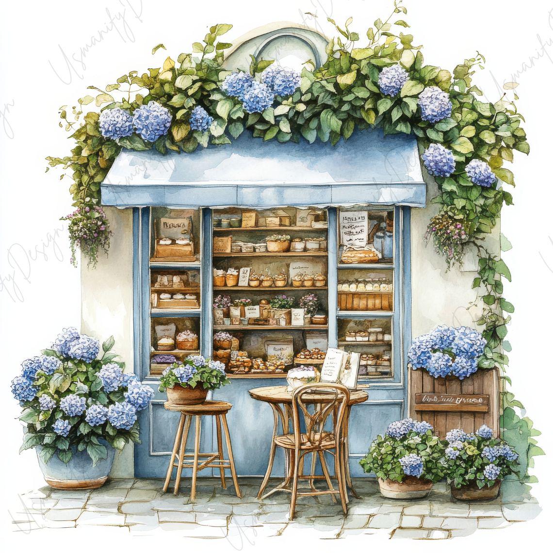 23 Watercolor Blue Storefront Clipart, Cozy Café Shop, European Street ...