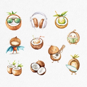 Coconut Clipart Bundle, Cute Coconut Character PNG, Tropical Fruit Art ...