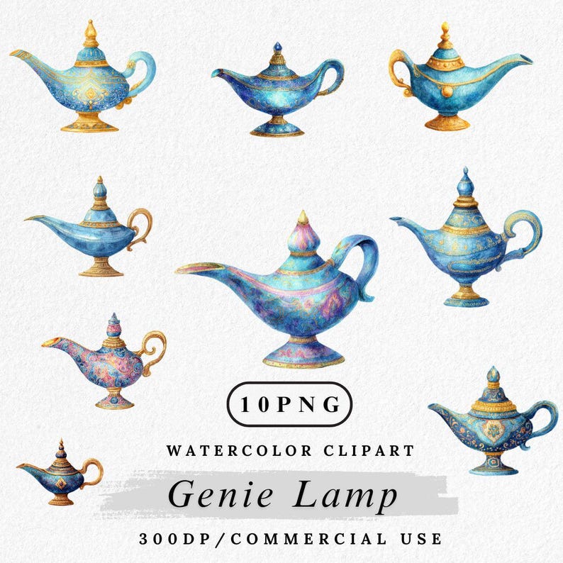 Watercolor Genie Lamp Clipart: Arabian Nights Illustration (digital ...