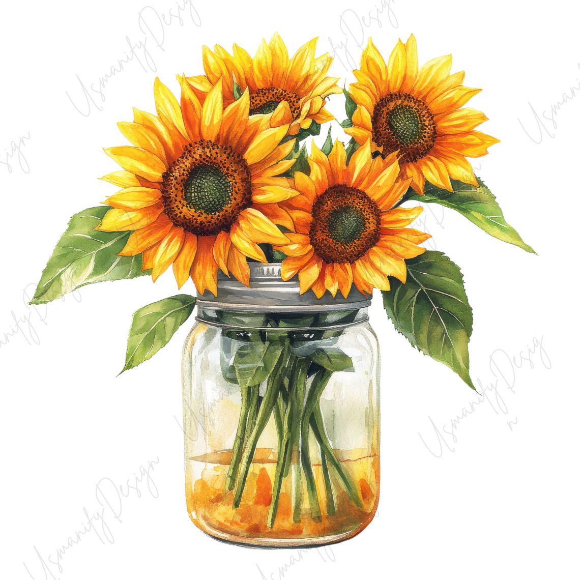 21 Watercolor Sunflower Mason Jar Clipart PNG, Yellow Floral Bouquet ...