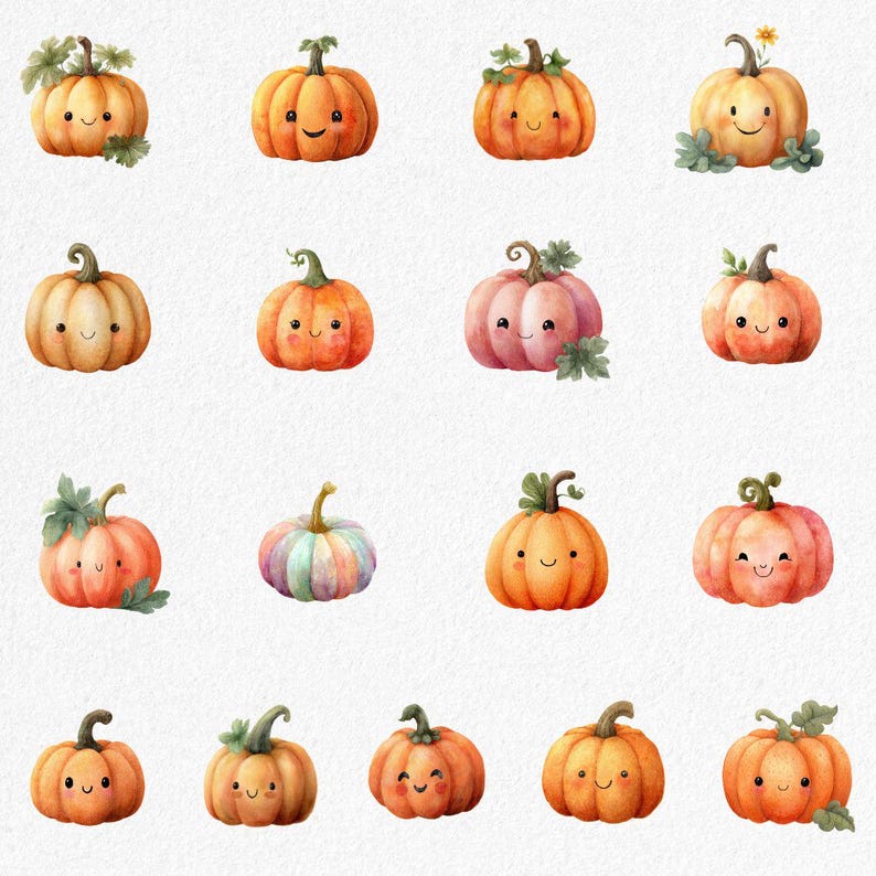 Happy Pumpkin Clipart, Cute Pumpkin PNG Bundle, Kawaii Pumpkin ...