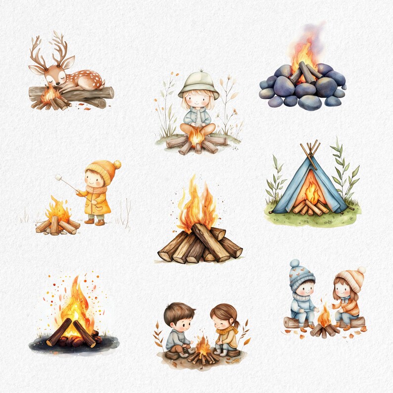 Campfire Clipart With Cute Animal Characters 24 Pngs Kawaii Camping ...