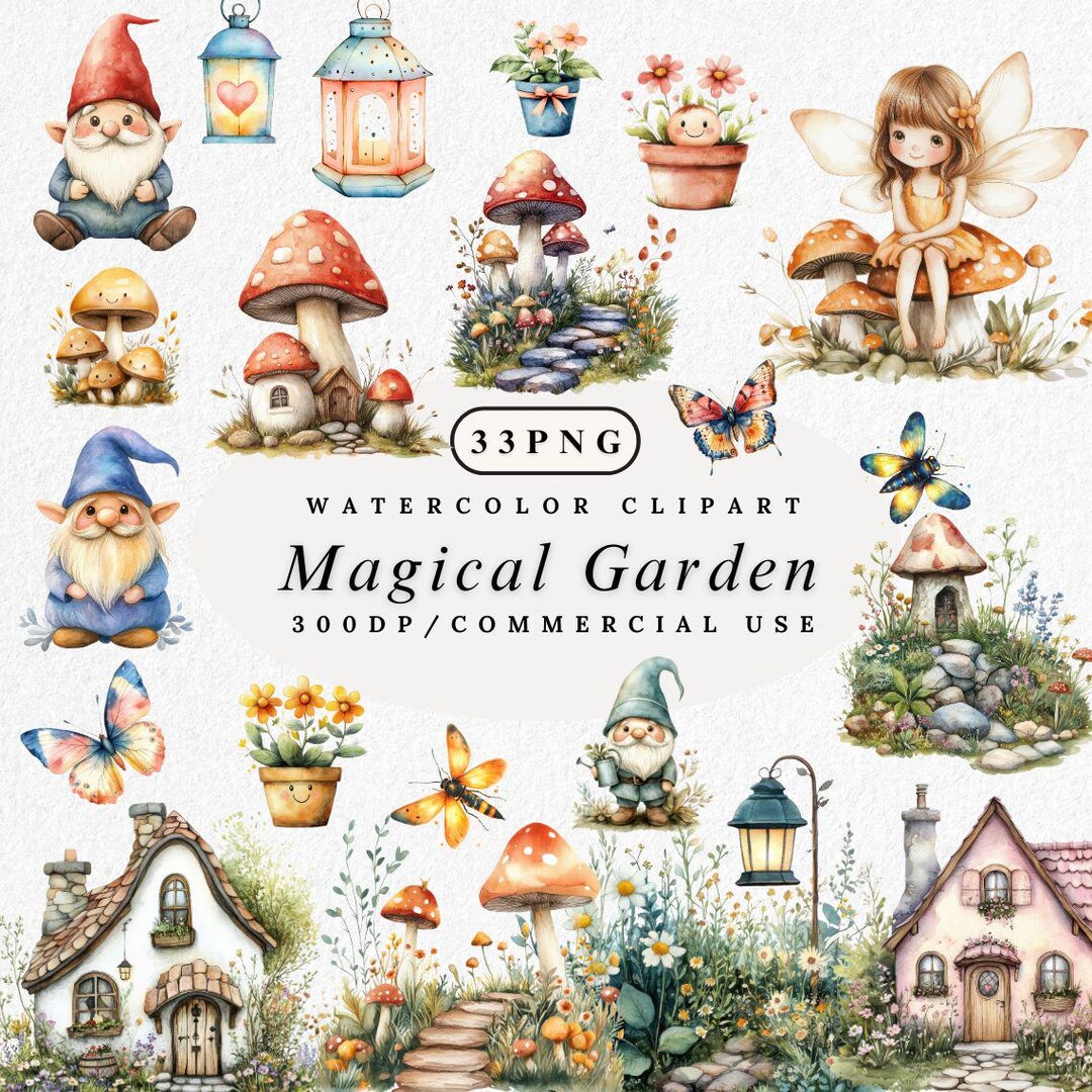Magical Garden Clipart: Watercolor Fantasy PNG Bundle, Enchanted Floral ...