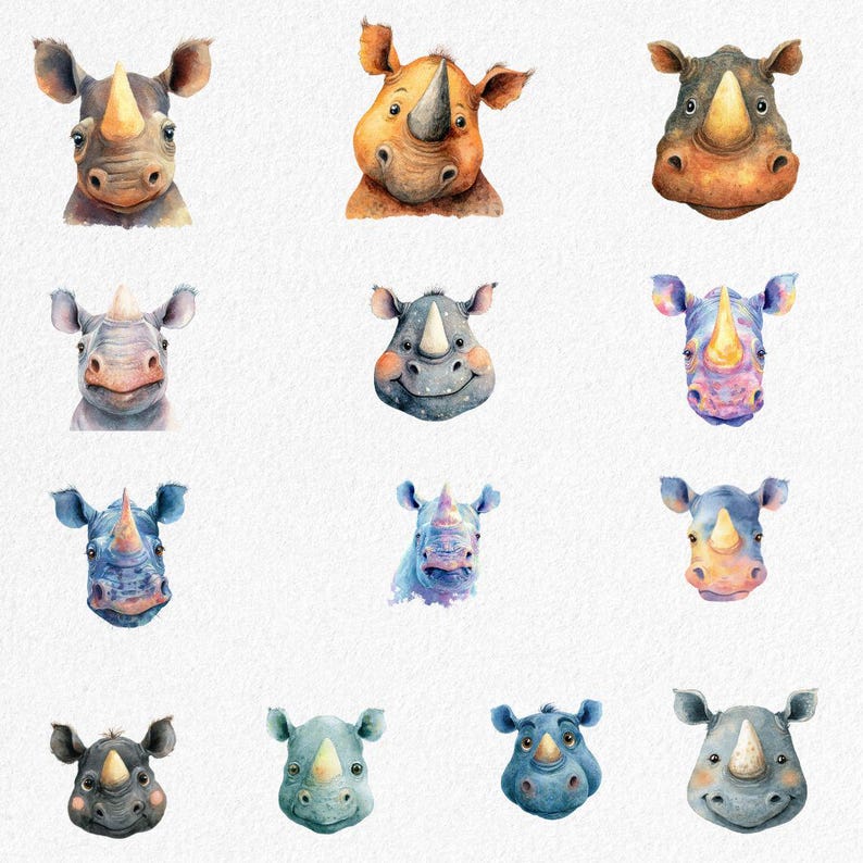 Rhino Face Clipart, Cute Rhino PNG Bundle, Cartoon Rhinoceros, Safari ...