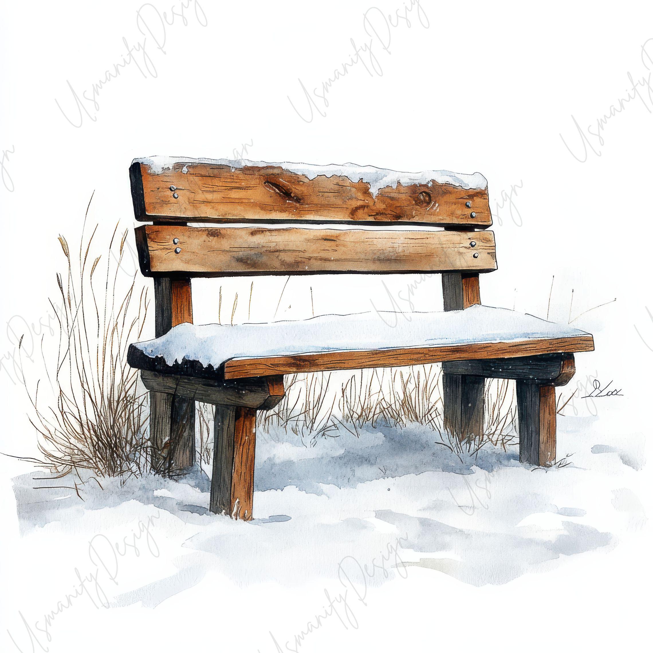25 Winter Park Bench Clipart, Snowy Landscape Watercolor Art, Cozy ...