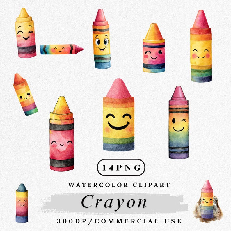 Watercolor Crayon Clipart: School Supply PNG Graphics (digital Download ...
