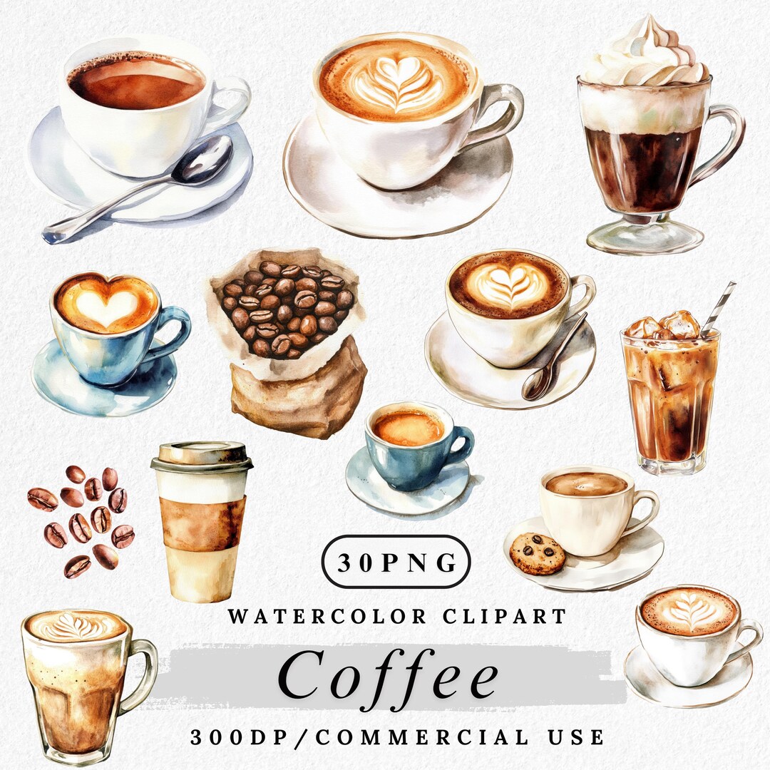 Watercolor Coffee Clipart: Latte Art, Coffee Beans (digital Download ...