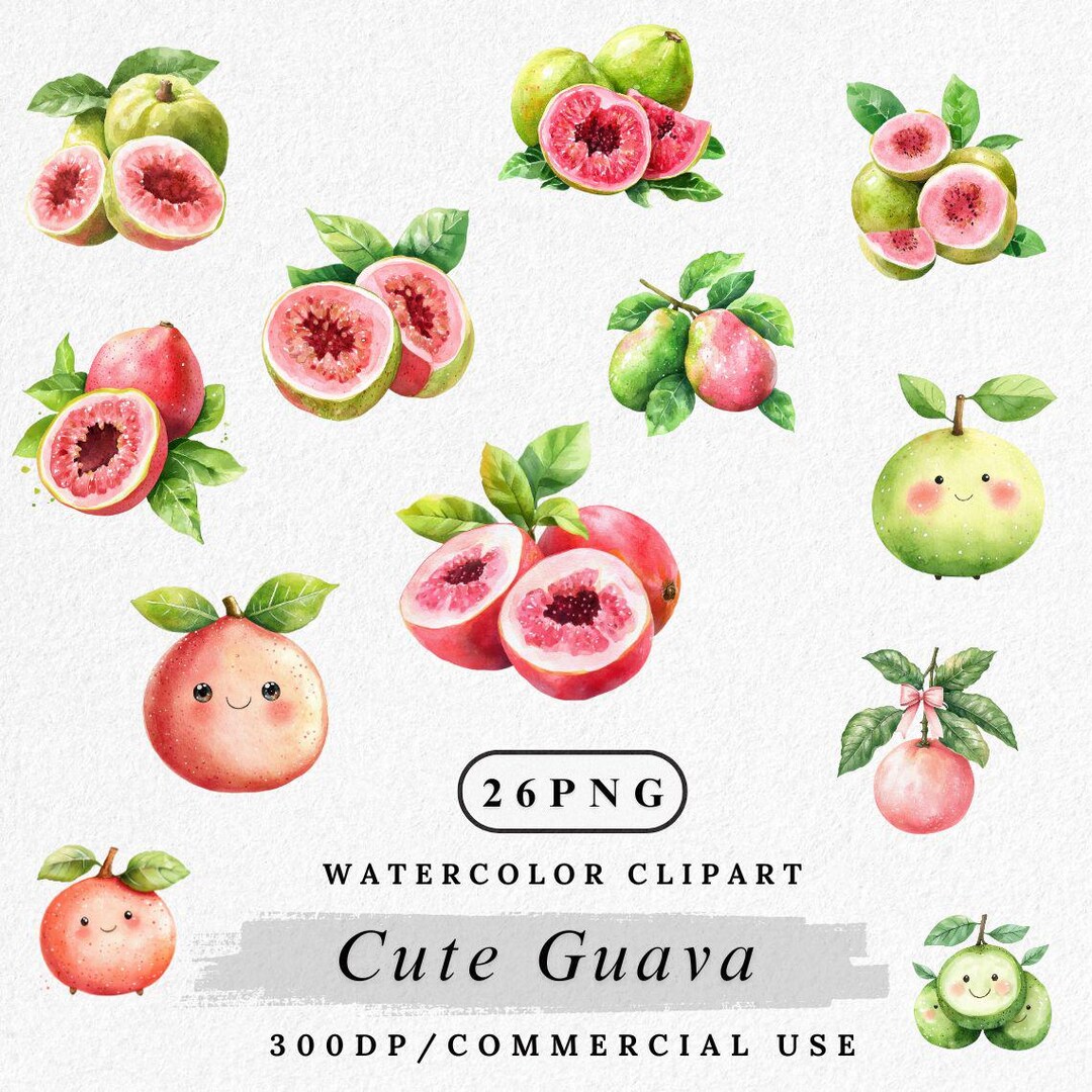 Cute Guava Clipart: Watercolor Fruit PNG Bundle, Cartoon Tropical ...