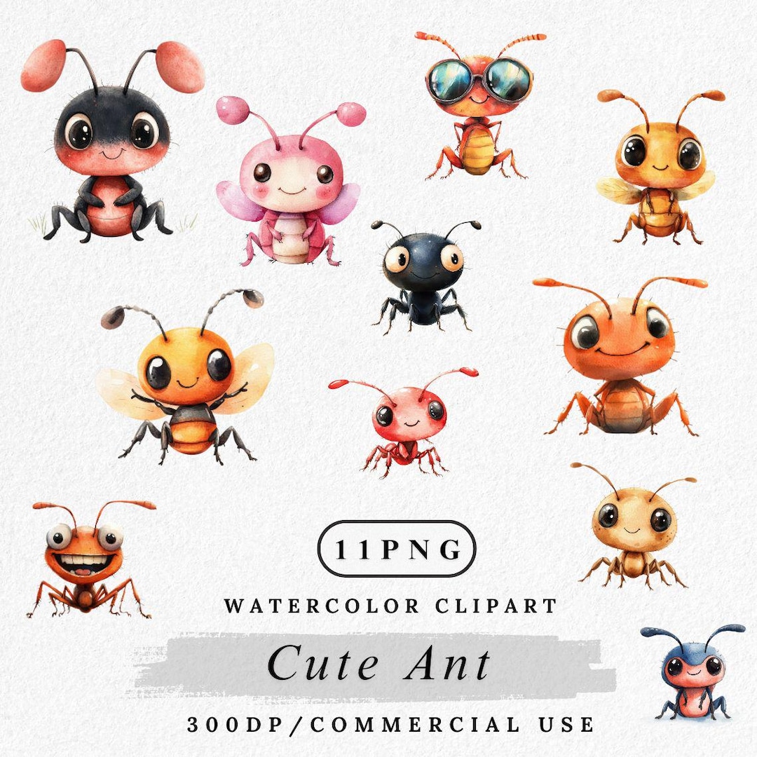 Cute Ant Clipart: Watercolor Insect PNG Bundle, Cartoon Bug Digital ...