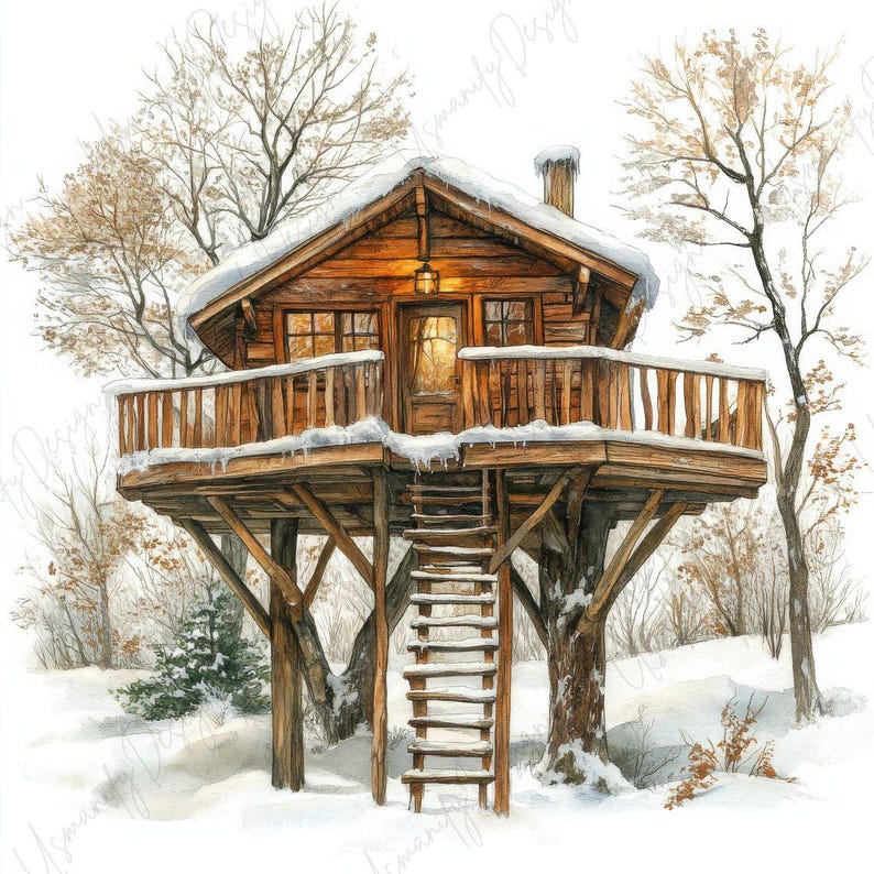 22 Winter Treehouse Clipart, Cozy Snow Tree House, Cabin in Trees Art ...