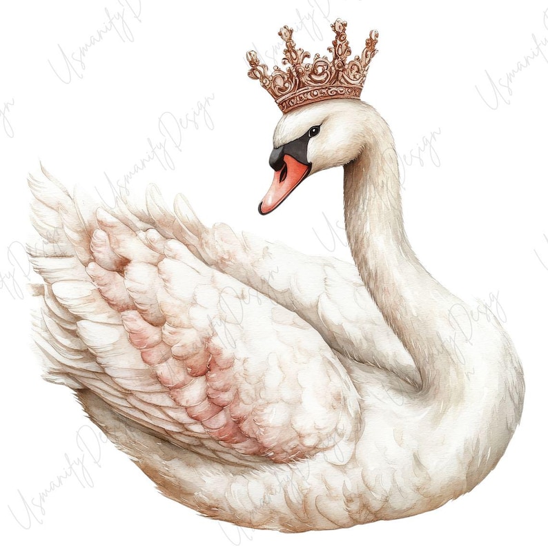 17 Watercolor Swan Clipart, Royal Swan JPG Art, Crown Swan Illustration ...