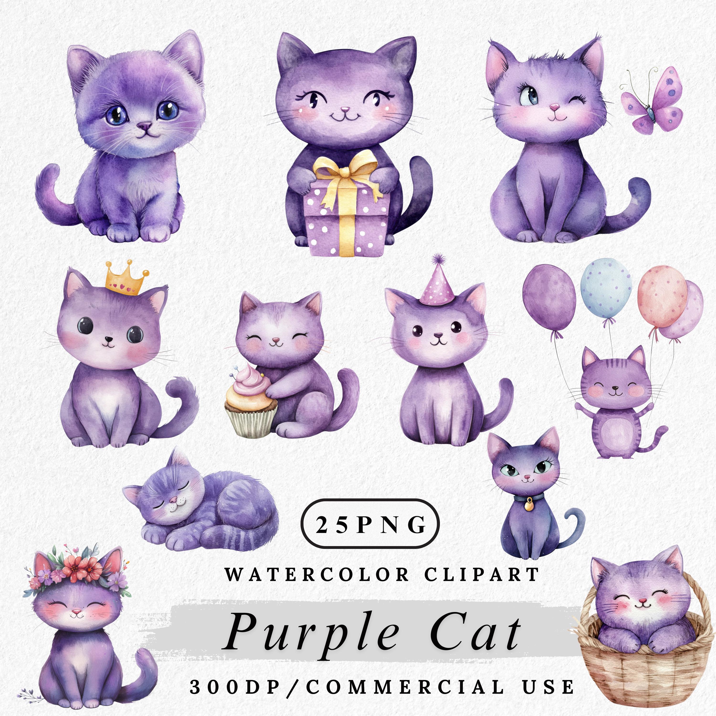 Purple Cat Clipart Bundle, Cute Watercolor Cat Pngs, Kawaii Purple ...