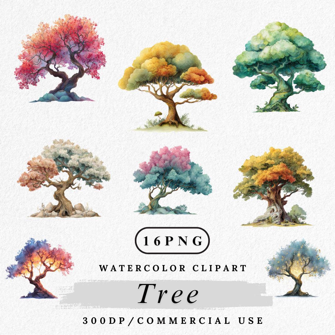 Watercolor Tree Clipart Set: Forest Landscape PNG Graphics (digital ...