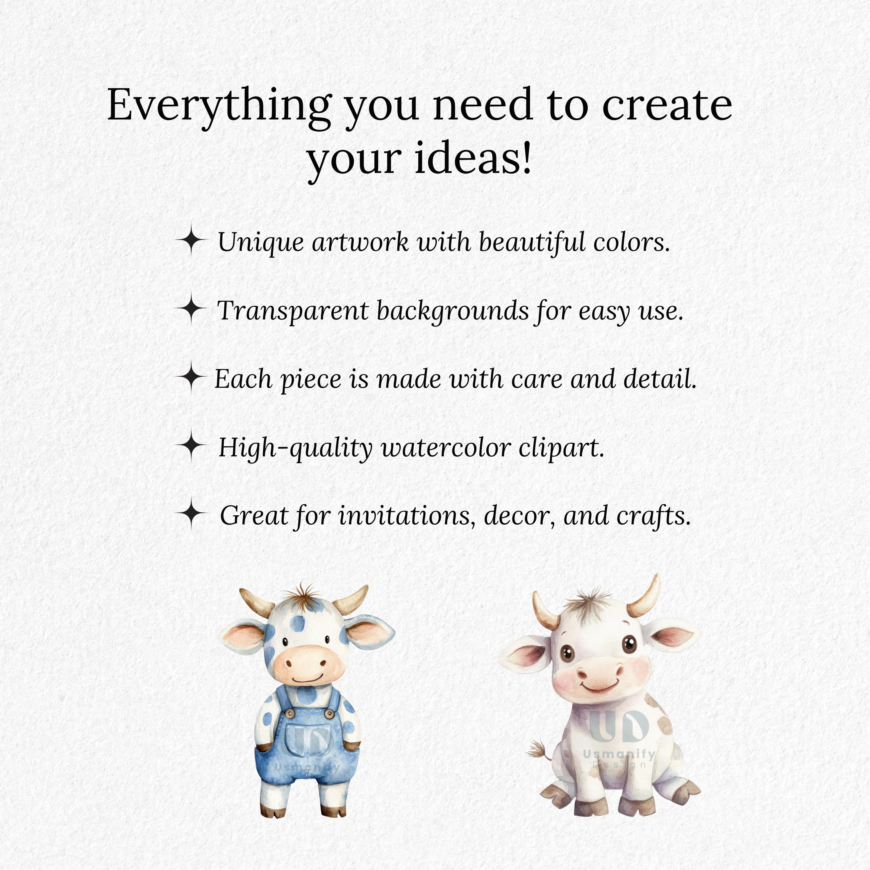 Cute Cow Clipart PNG Bundle, Kawaii Farm Animal Clipart, Watercolor Cow ...