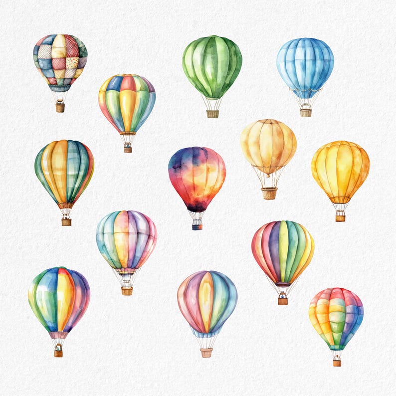 Watercolor Hot Air Balloon Clipart: Sky Adventure PNG (commercial Use ...