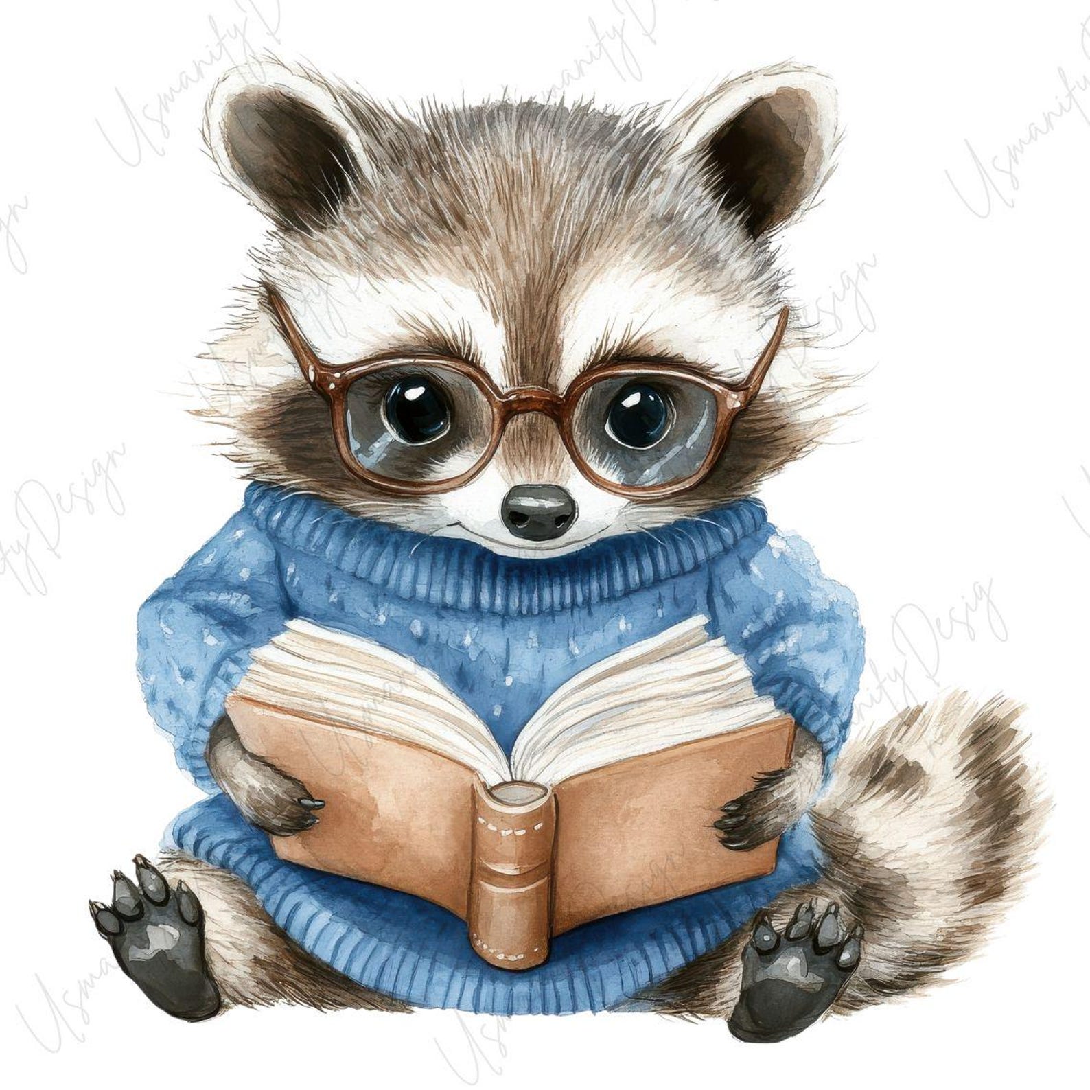 19 Watercolor Reading Raccoon Art, Book Lover Raccoon Clipart Set, Cozy ...