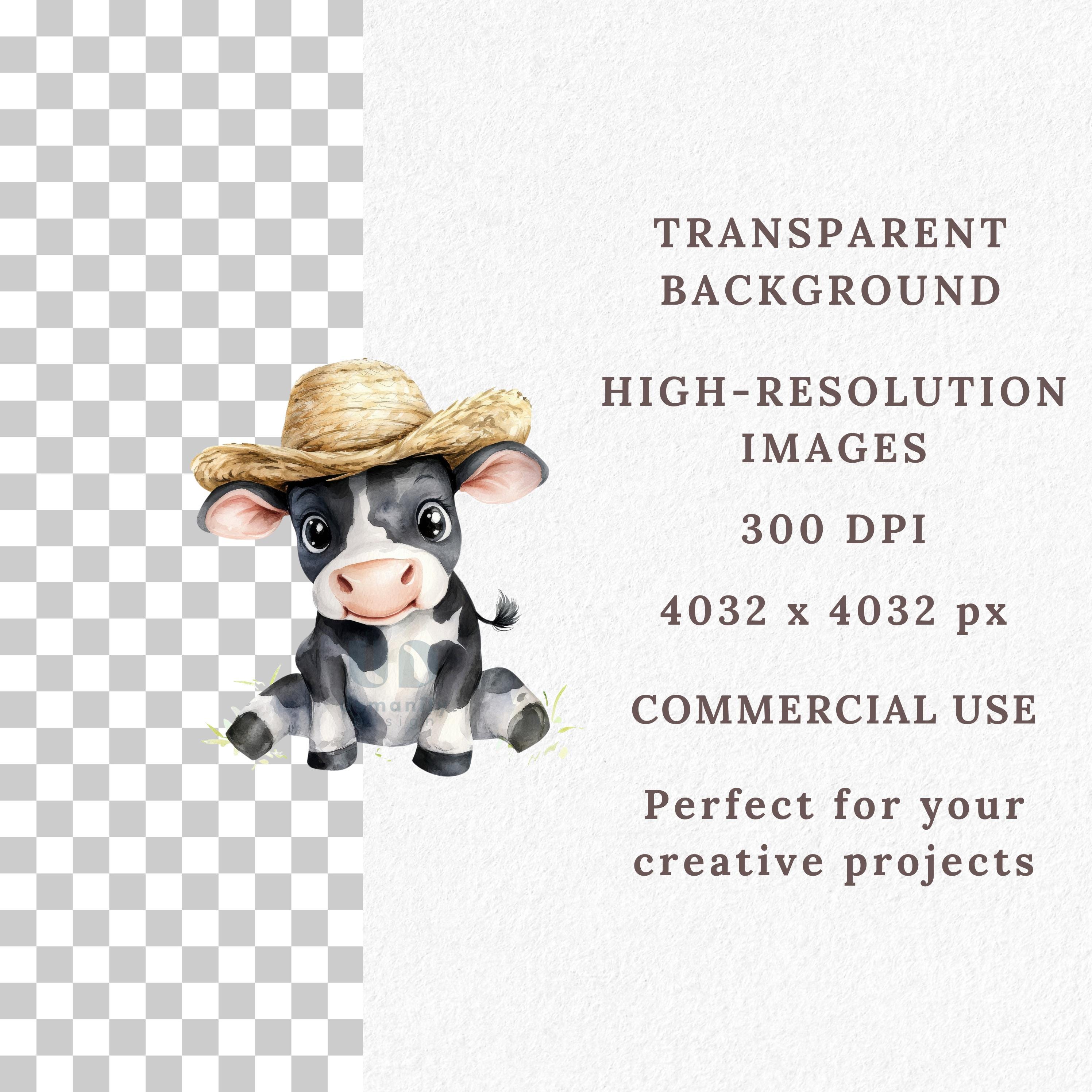 Cute Cow Clipart PNG Bundle, Kawaii Farm Animal Clipart, Watercolor Cow ...