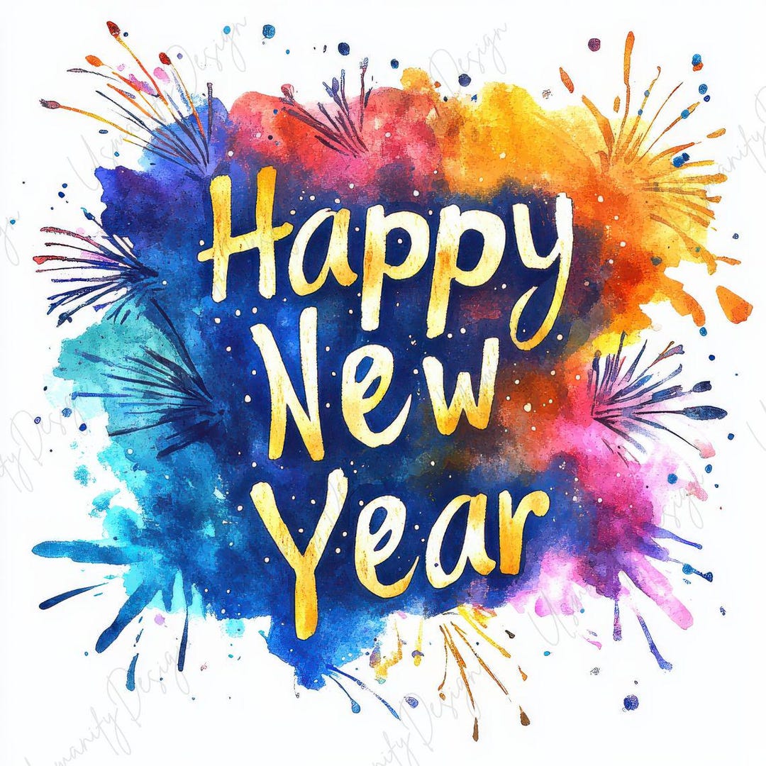 9 Happy New Year Clipart, Watercolor Fireworks Lettering Art, Festive ...