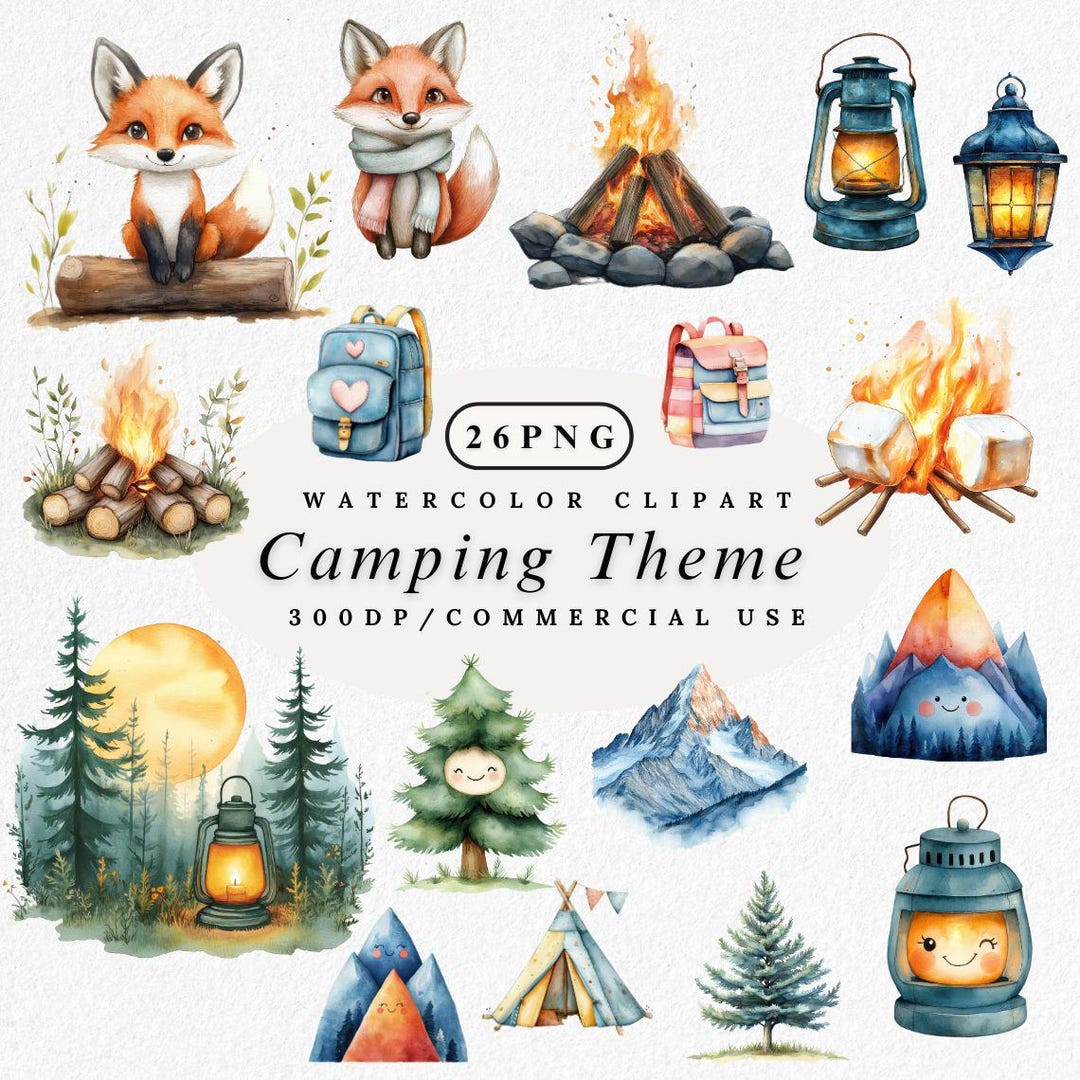 Camping Theme Clipart: Watercolor Outdoor PNG Bundle, Cute Tent and ...