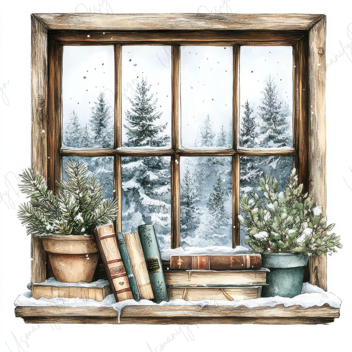 40 Winter Window Scene Clipart, Cozy Cottage View Illustration, Snowy ...