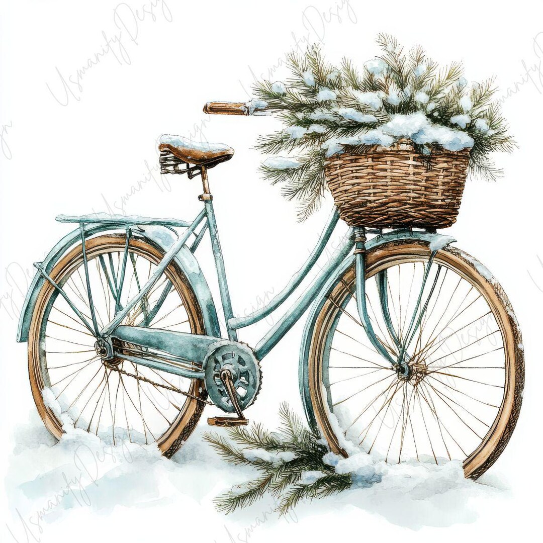 20 Bicycle in Snow Clipart, Watercolor Winter Bike, Bicycle Art, Rustic Winter Decor, Junk ...