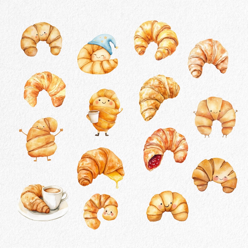 Croissant Clipart Bundle, Croissant Character, Cartoon Pastry Clipart ...
