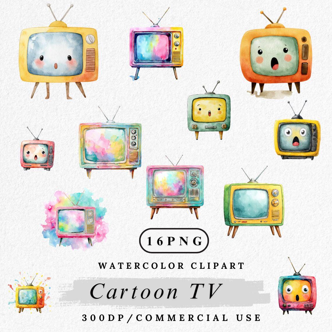 Retro Cartoon TV Clipart: Kawaii Television PNG Bundle (digital ...