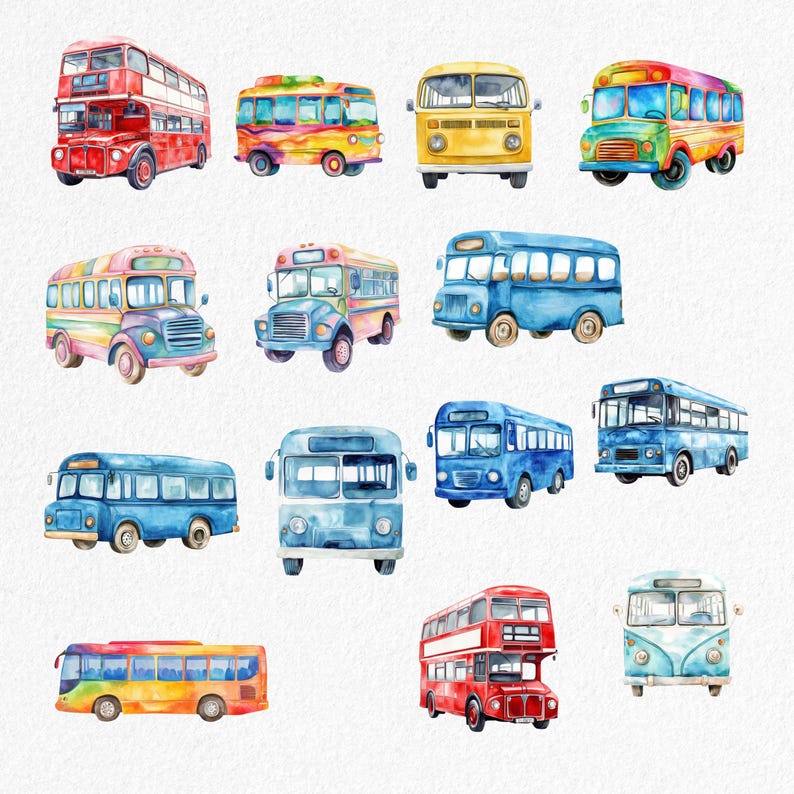 Watercolor Bus Clipart: 32 PNG Graphics (commercial Use, Digital ...