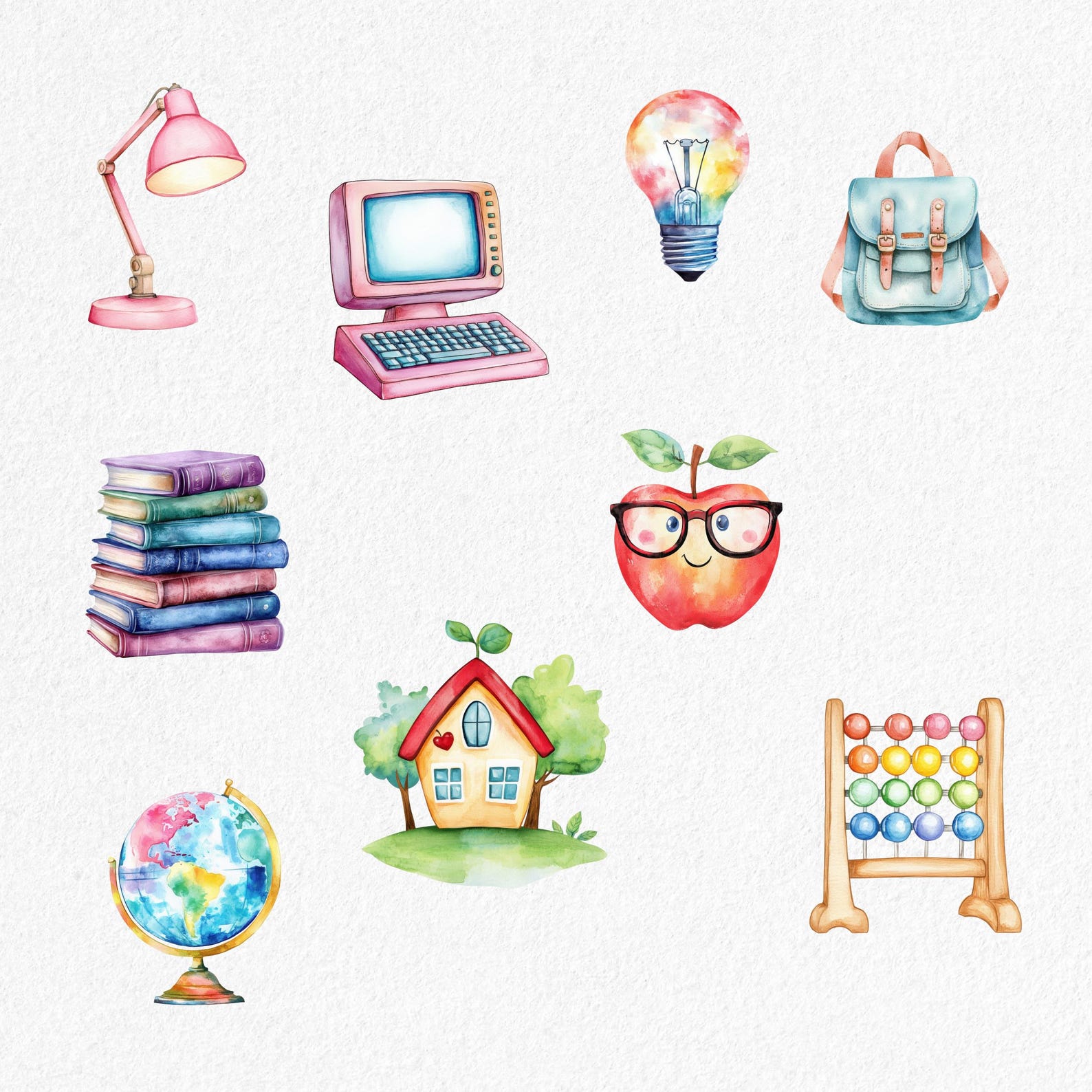 Watercolor School Supplies Clipart: 35 PNG Stationery Graphics (digital ...