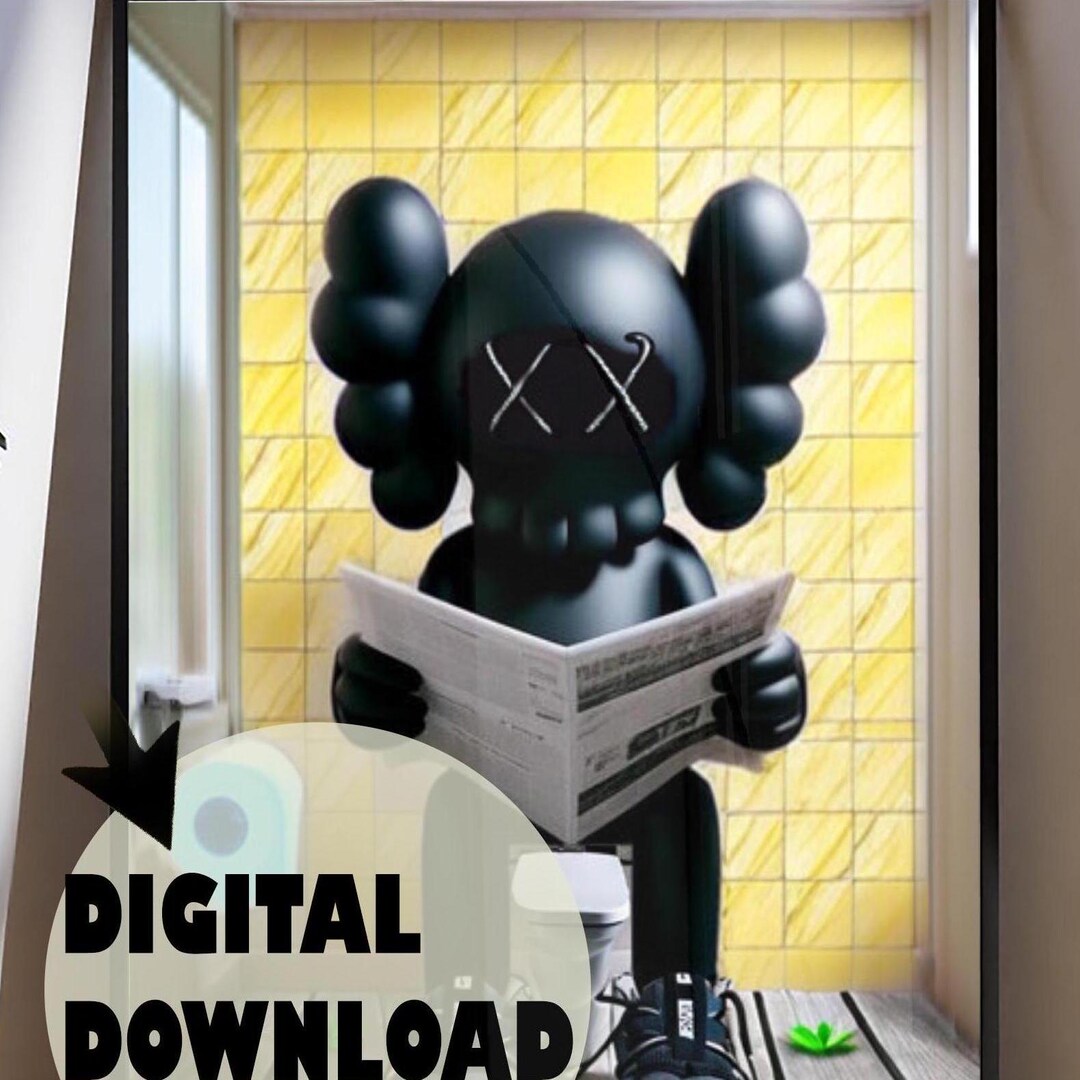 Kaws Sitting on Toilet Reading Newspaper Poster, Hypebeast Figure Print ...