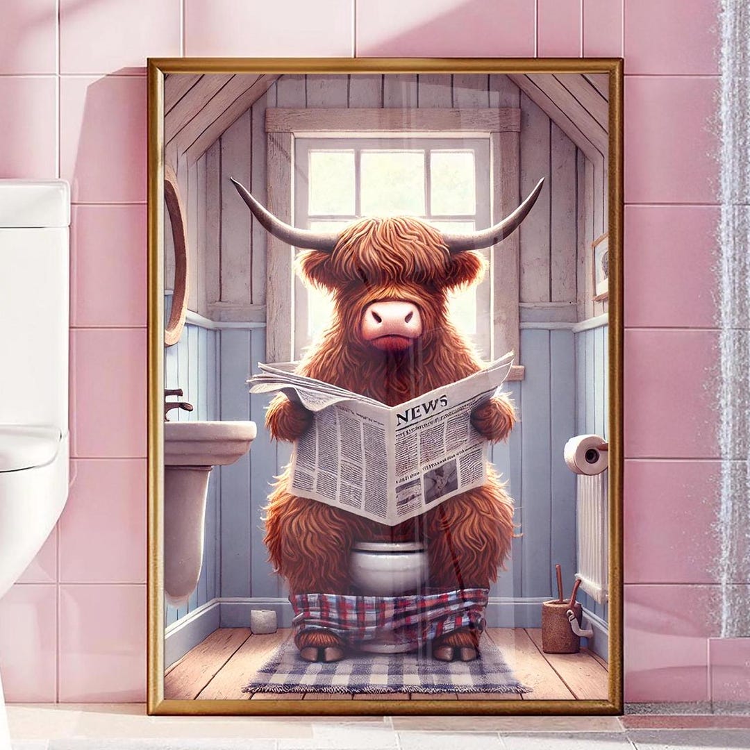 Highland Cow Sitting on the Toilet Reading a Newspaper, Funny Bathroom ...