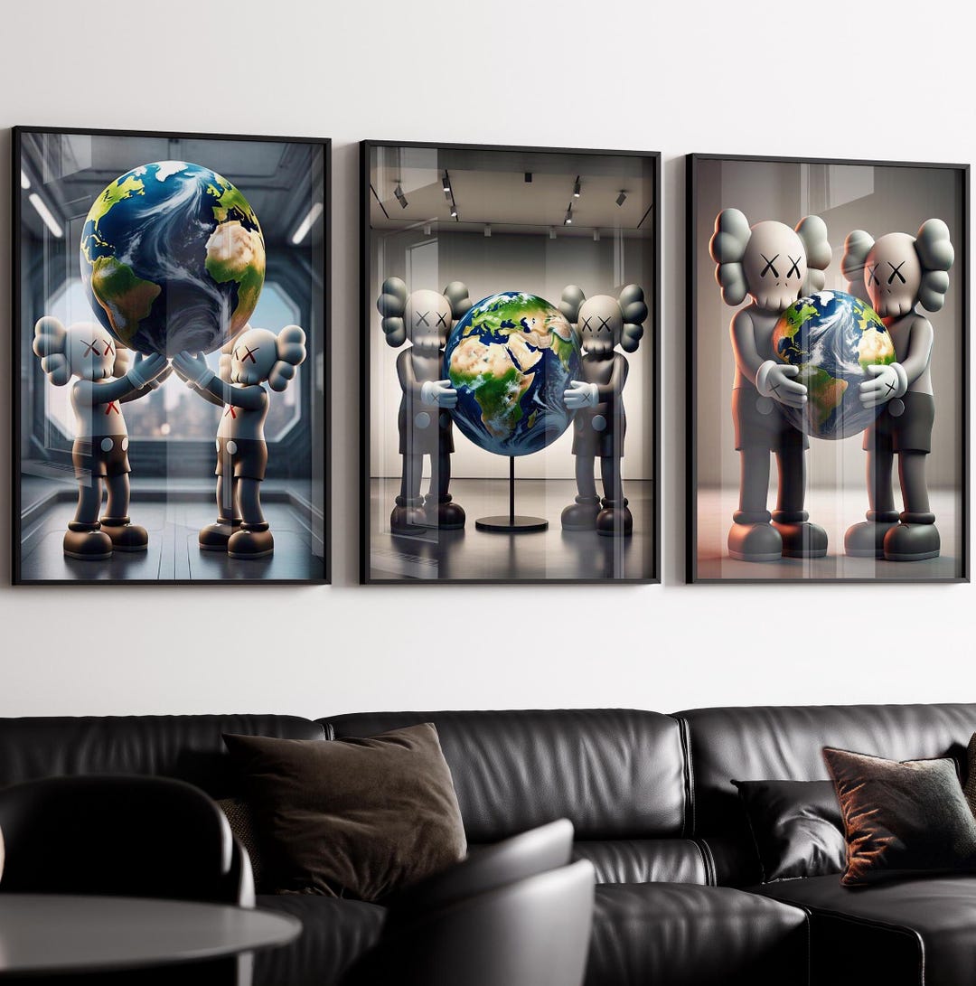Kaws Holding Earth,kaws Set of 3, Hypebeast Figure Print,, Kaws Earth ...