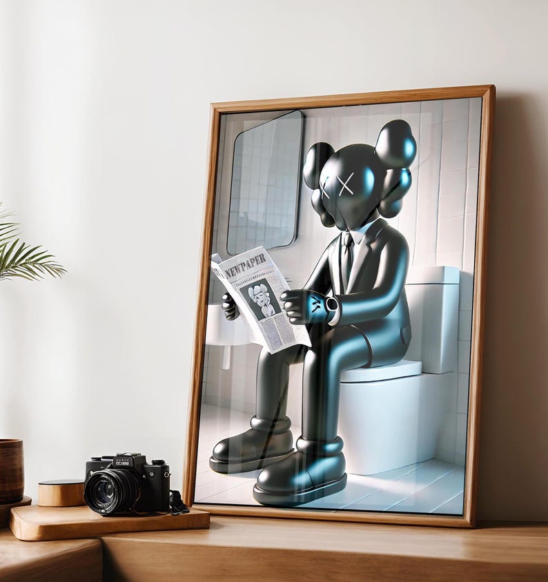 Kaws Sitting on Toilet Reading Newspaper Poster, Hypebeast Figure Print ...