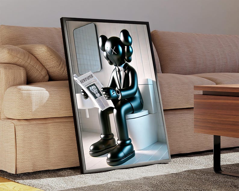 Kaws Sitting on Toilet Reading Newspaper Poster, Hypebeast Figure Print ...