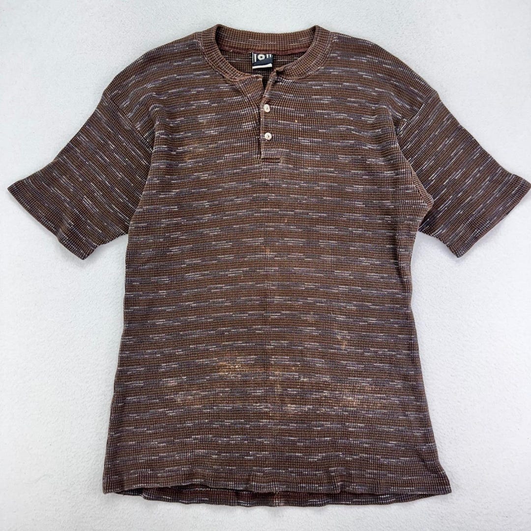 Vintage 90s Henley Shirt Mens Large Brown Thermal Short Sleeve Tee USA ...