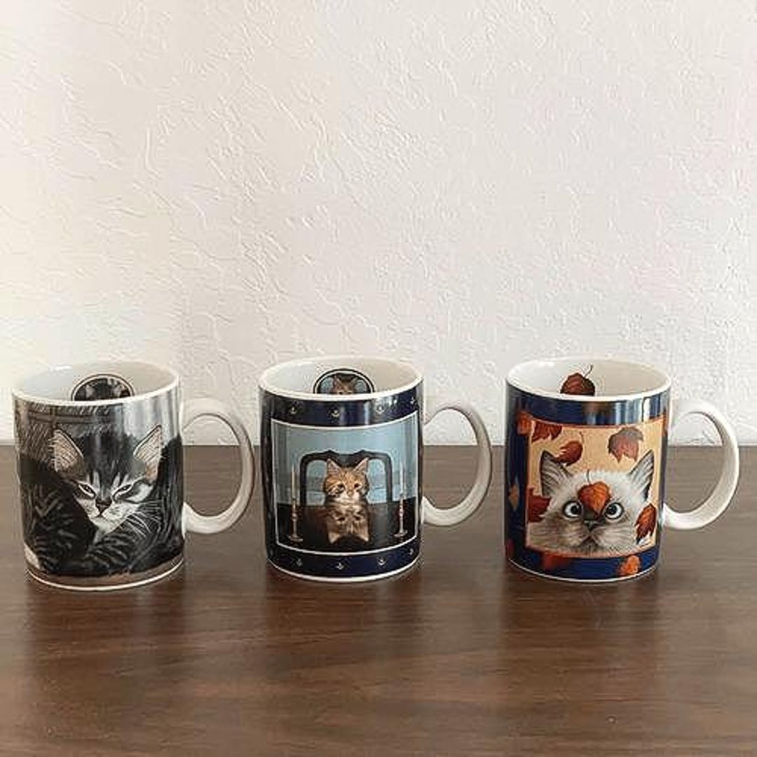 Lot of 3x LANG and WISE Coffee Mugs Vintage 90s Cat Ceramic Cups Lowell ...