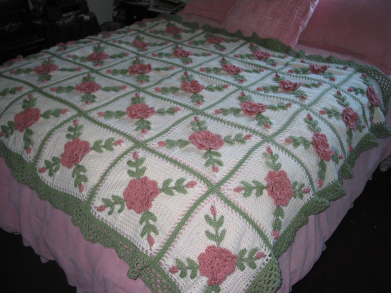 Rose Pink Roses Crocheted Afghan Blanket Throw Made Fresh - Etsy