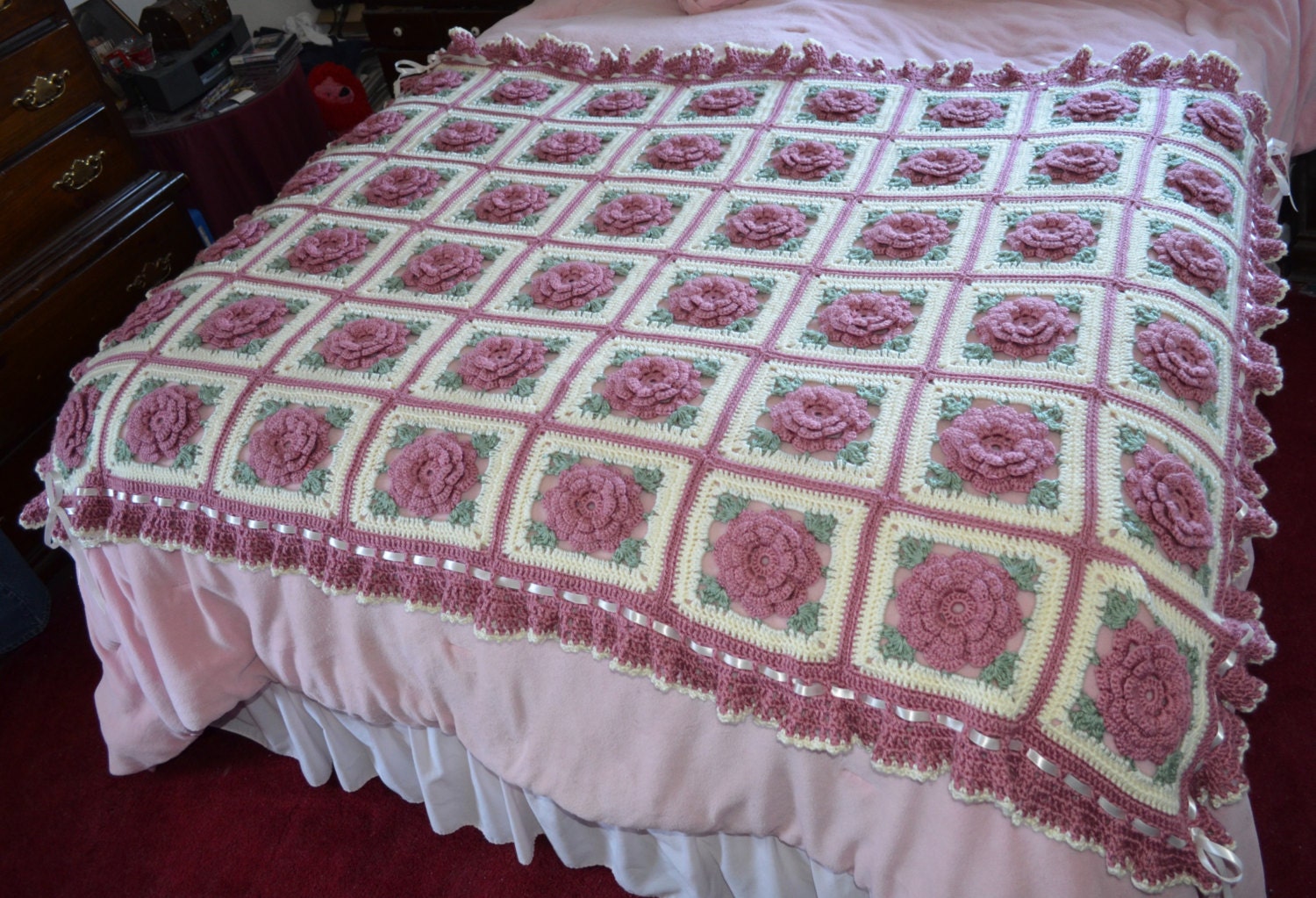 Victorian Rose Afghan With Ruffles, Satin Ribbons - Ready to Ship - Etsy