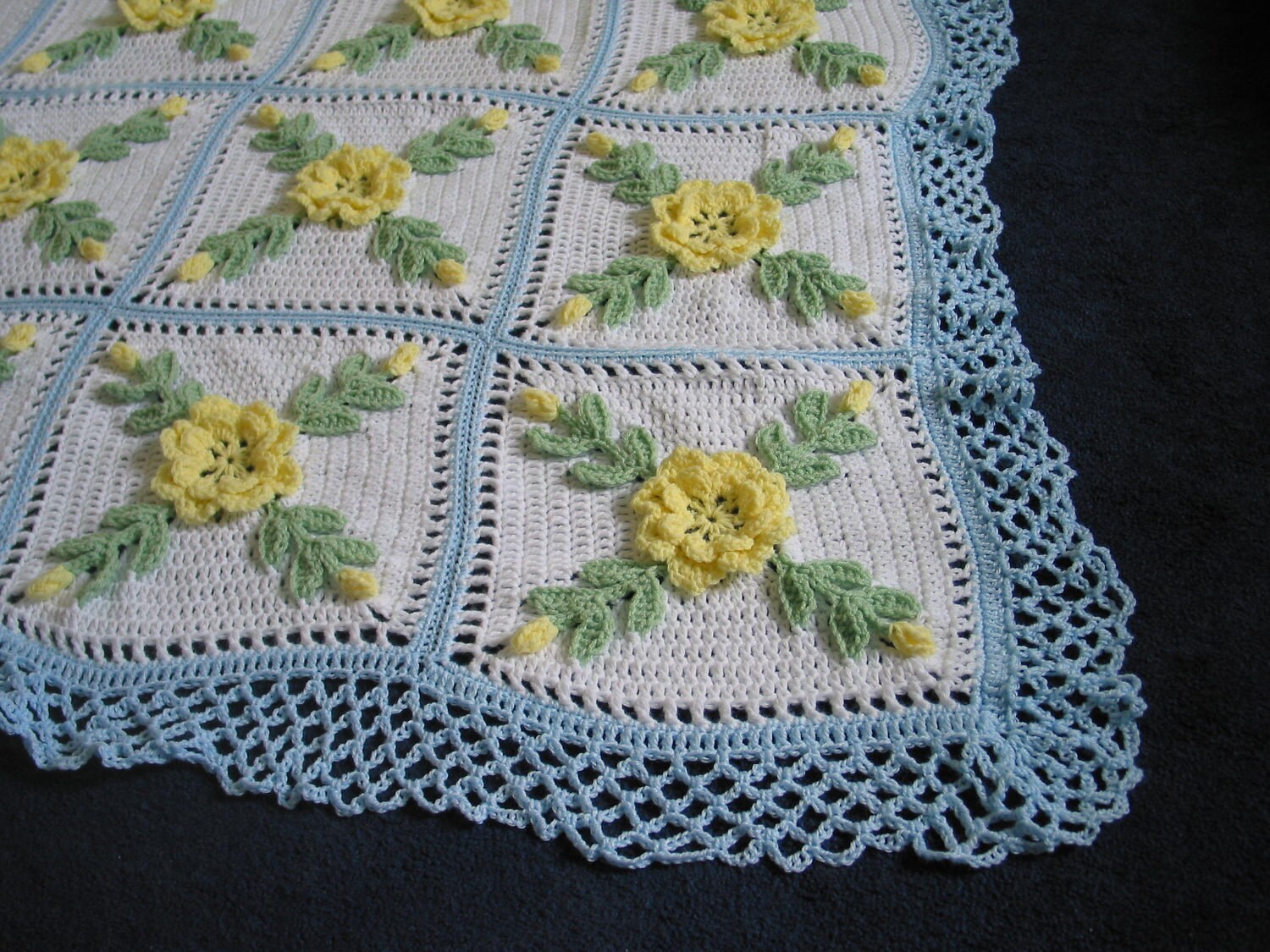 Floral Yellow Wild Rose Afghan with a Soft Light Blue border | Etsy