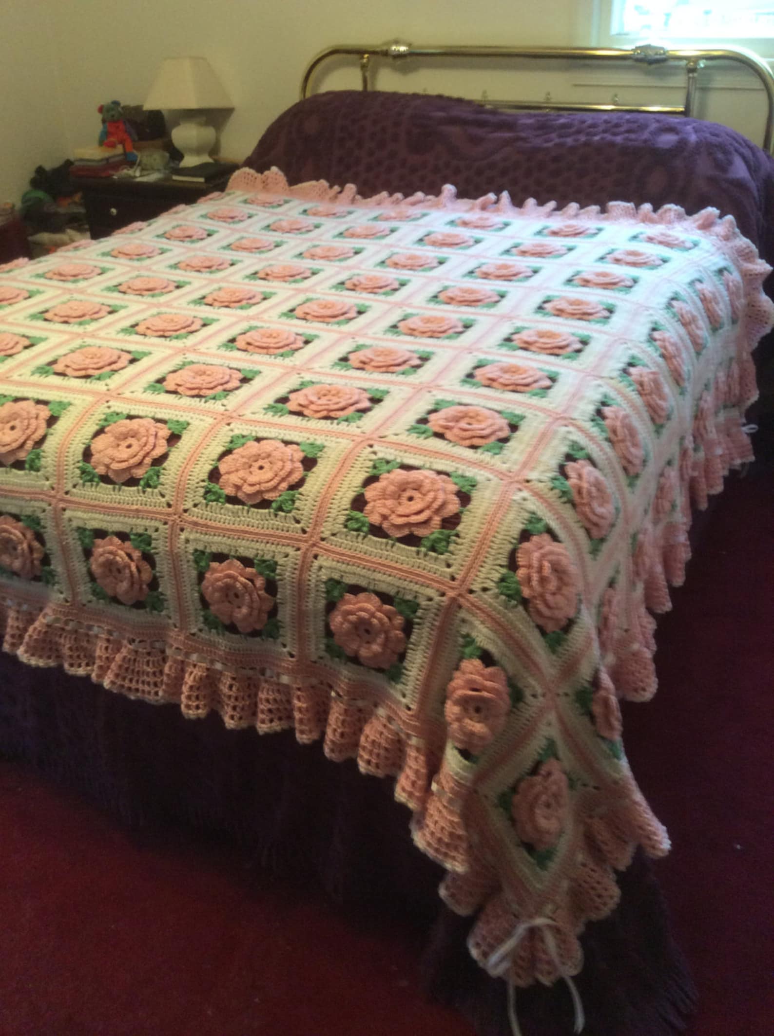 Pink Roses and Ruffles Afghan With Satin Ribbons & Bows Made Fresh ...