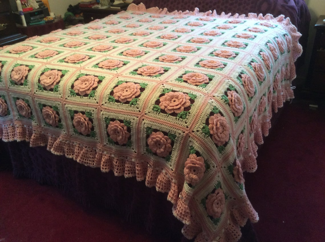 Pink Roses and Ruffles Afghan With Satin Ribbons & Bows Made - Etsy
