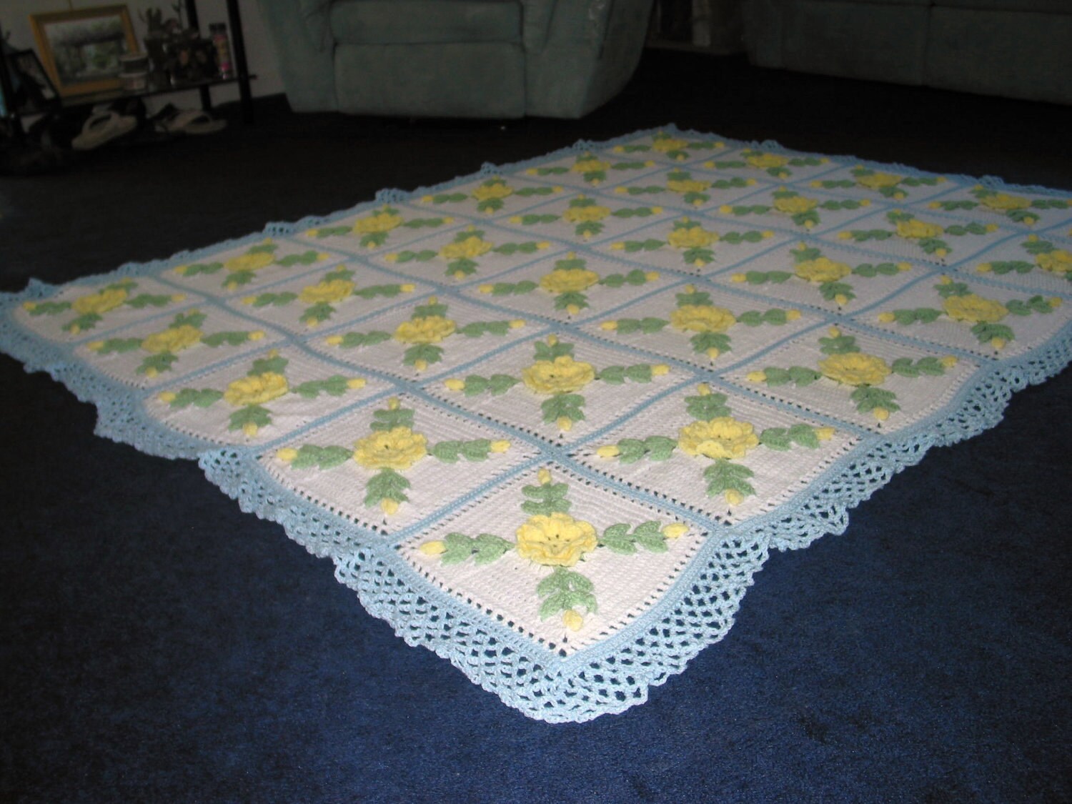 Floral Yellow Wild Rose Afghan With a Soft Light Blue Border Made Fresh ...
