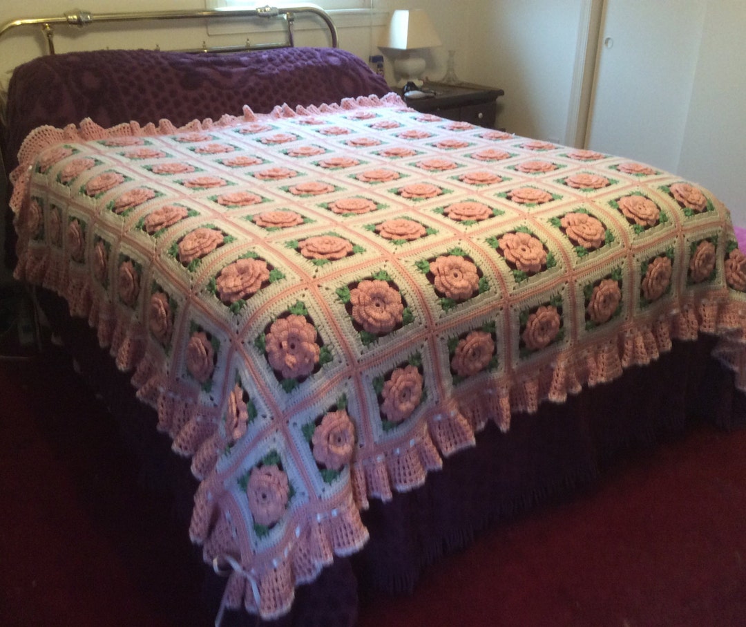 Pink Roses and Ruffles Afghan With Satin Ribbons & Bows - Made Fresh ...