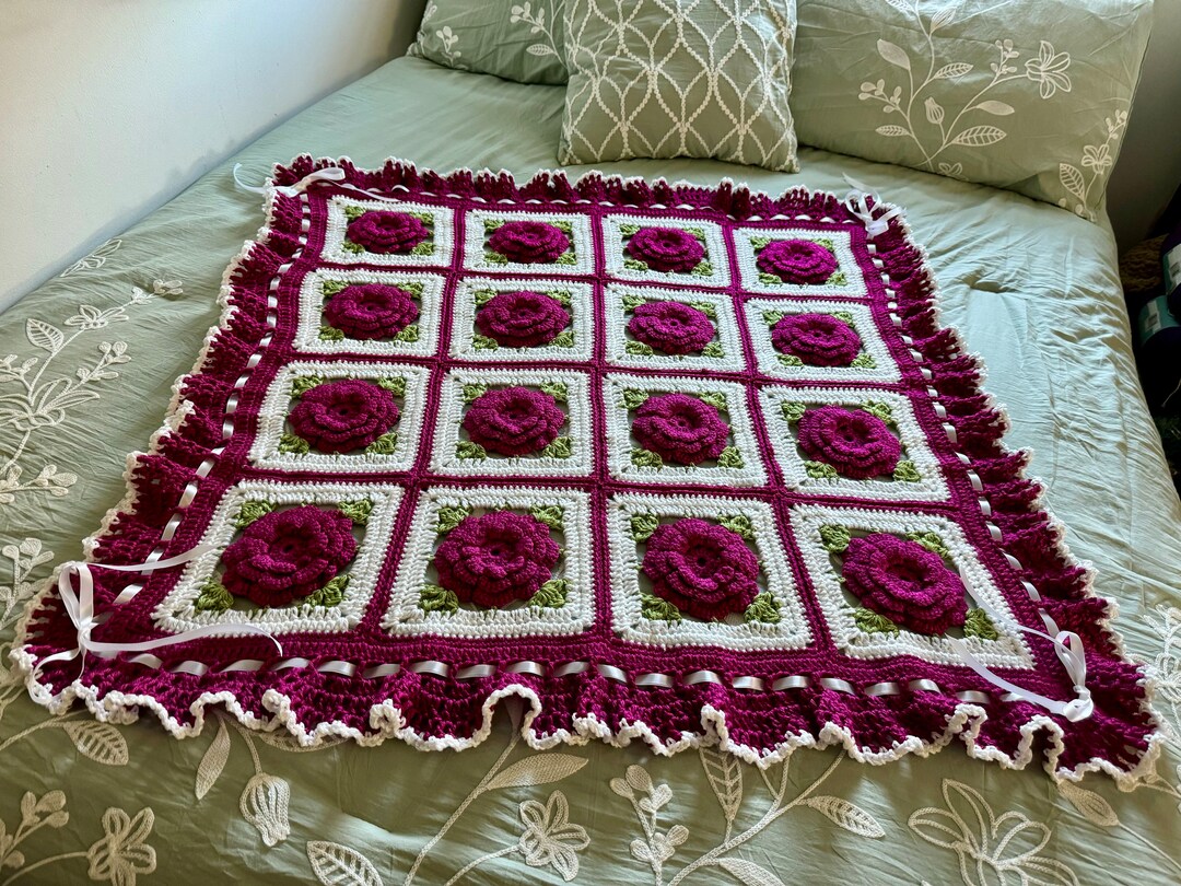 Purple Fuschia Berry Rose Baby Blanket Throw Floral Afghan - 3' X 3 ...